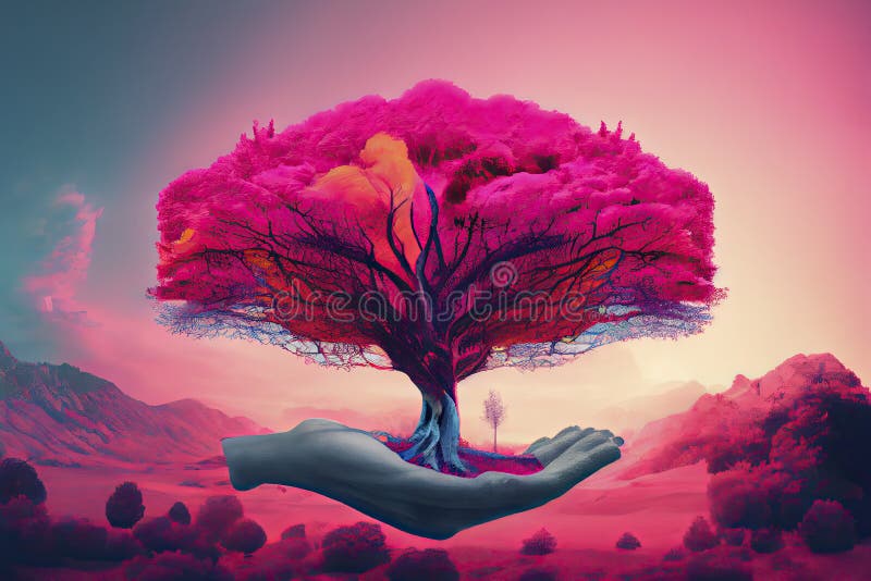 Surreal Pink Landscape with Hands Holding a Colorful Tree Stock ...