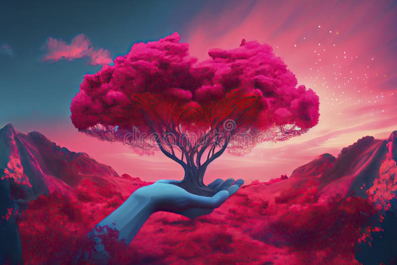 Surreal Pink Landscape with Hands Holding a Colorful Tree Stock ...