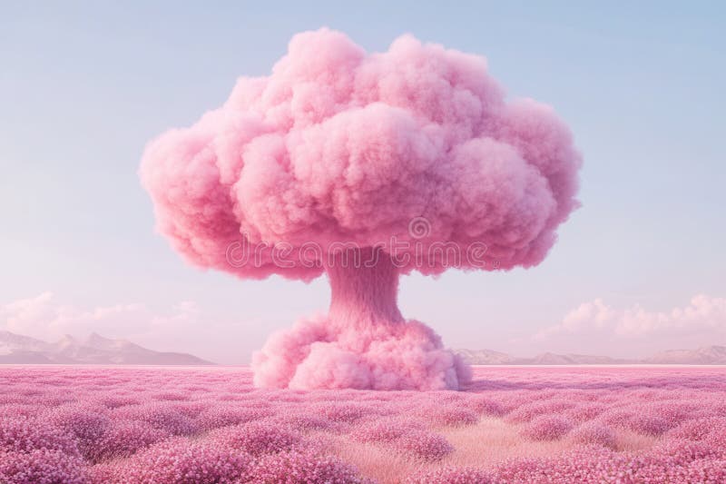 Pink Atomic Bomb Exploding Over Flower Field, Surreal Landscape Stock ...