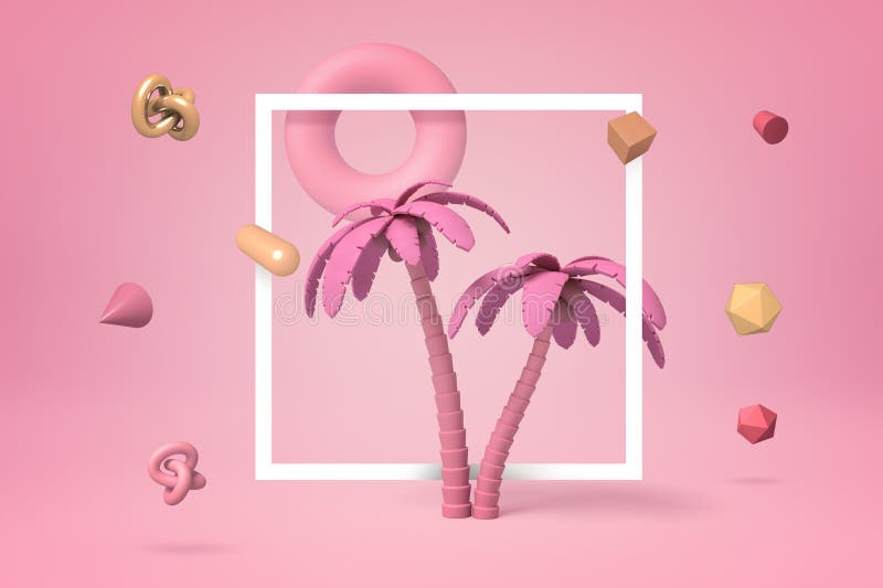 Surreal Pink Palm Trees with Floating Objects Stock Illustration ...