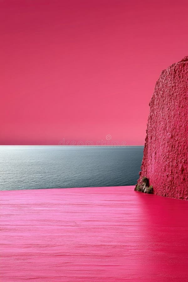 Surreal Pink Seascape with Dramatic Cliff and Calm Water Horizon Stock ...