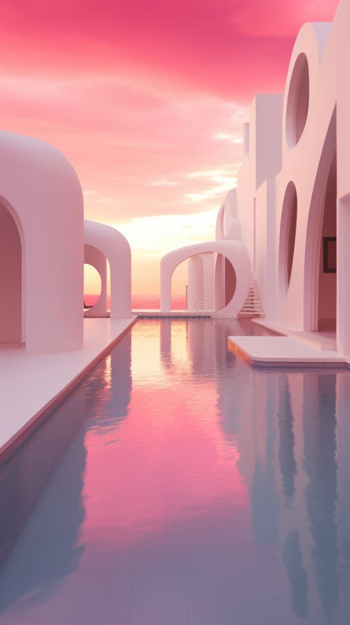 Surreal Pink Sunset Reflecting on Water between Arched White Buildings ...