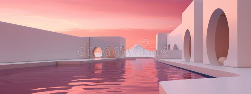 Surreal Pink Sunset Reflecting on Water between Arched White Buildings ...