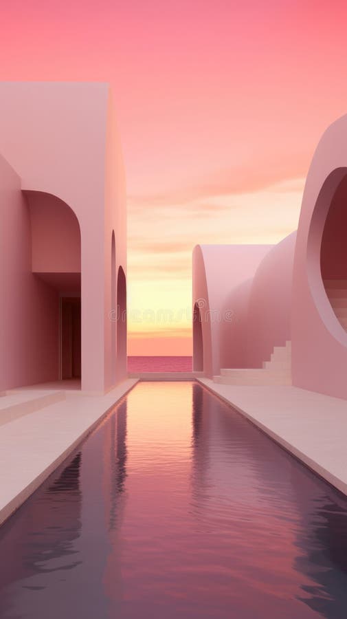 Surreal Pink Sunset Reflecting on Water between Arched White Buildings ...