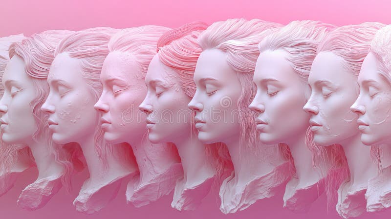 Surreal Pink Toned 3D Render of Multiple Identical Female Faces ...
