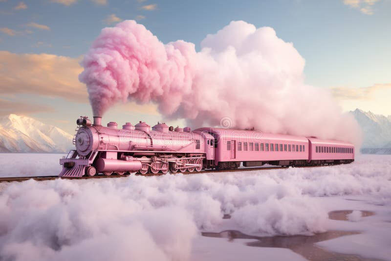 Surreal Pink Train on the Tracks with Pink Smoke and Clouds in the ...