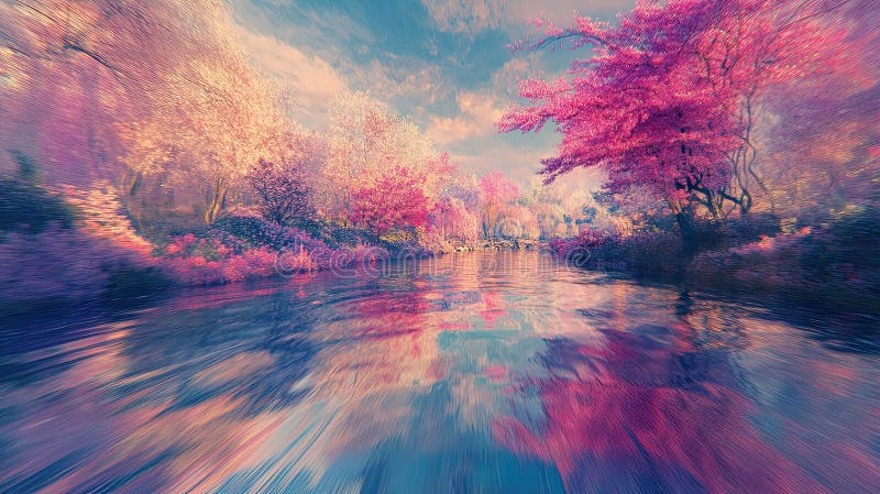 Surreal Pink Trees Reflecting in Calm Water Stock Image - Image of ...