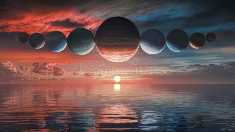 Surreal Planetary Alignment Over Ocean Sunset with Copy-Space Stock ...