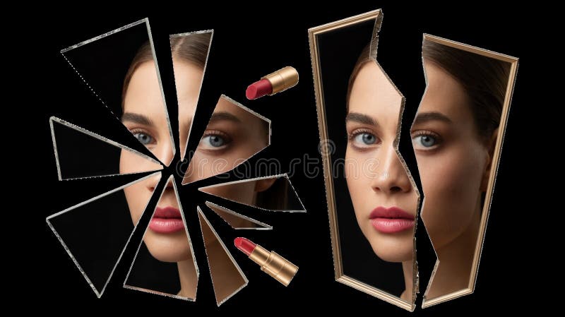 Woman Reflecting in Broken Mirror with Lipstick and Transparent ...