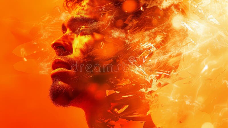 Surreal Portrait of Man Dissolving in Fiery Abstract Light Stock Image ...
