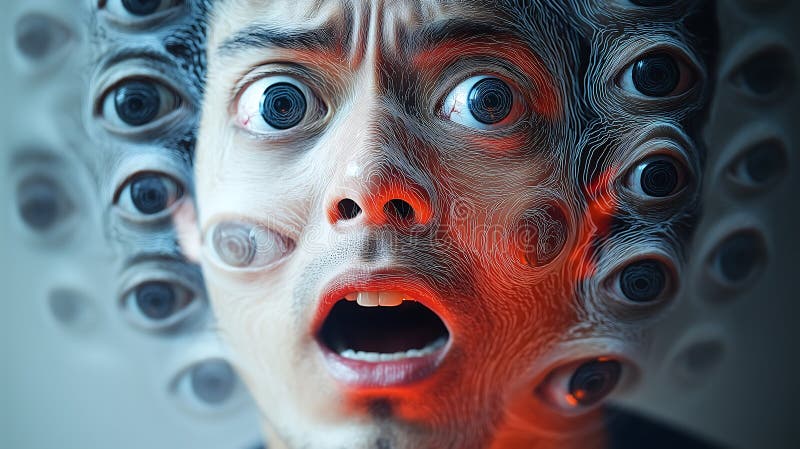 Surreal Portrait of a Man with Multiple Eyes and a Terrified Expression ...