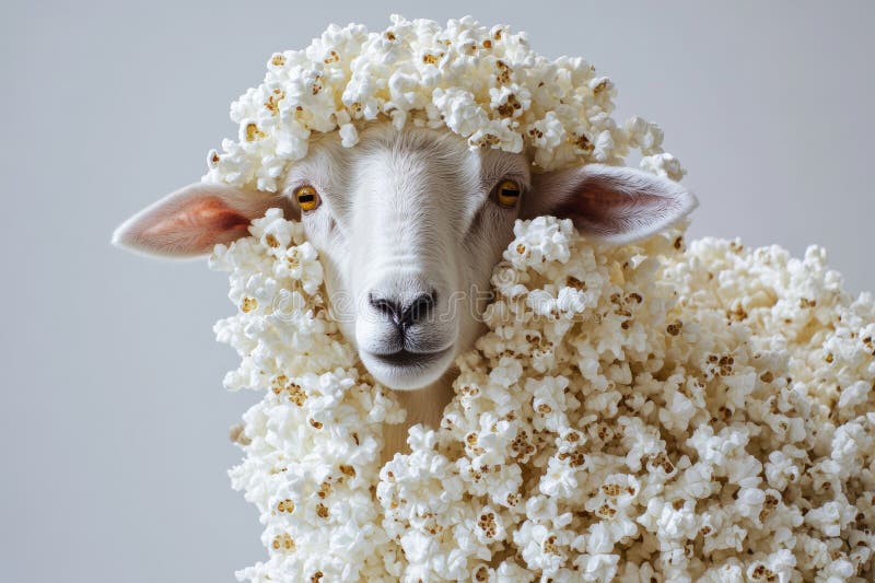 Surreal Portrait of Sheep Covered in Popcorn on White Background Stock ...