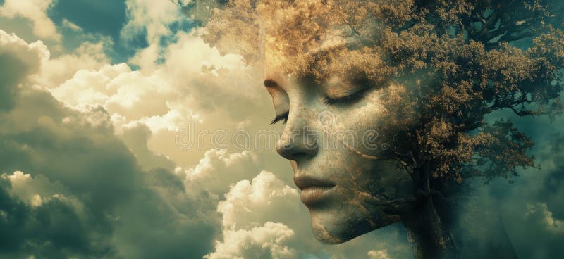Surreal Portrait of Woman with Tree Features Merging into Clouds ...