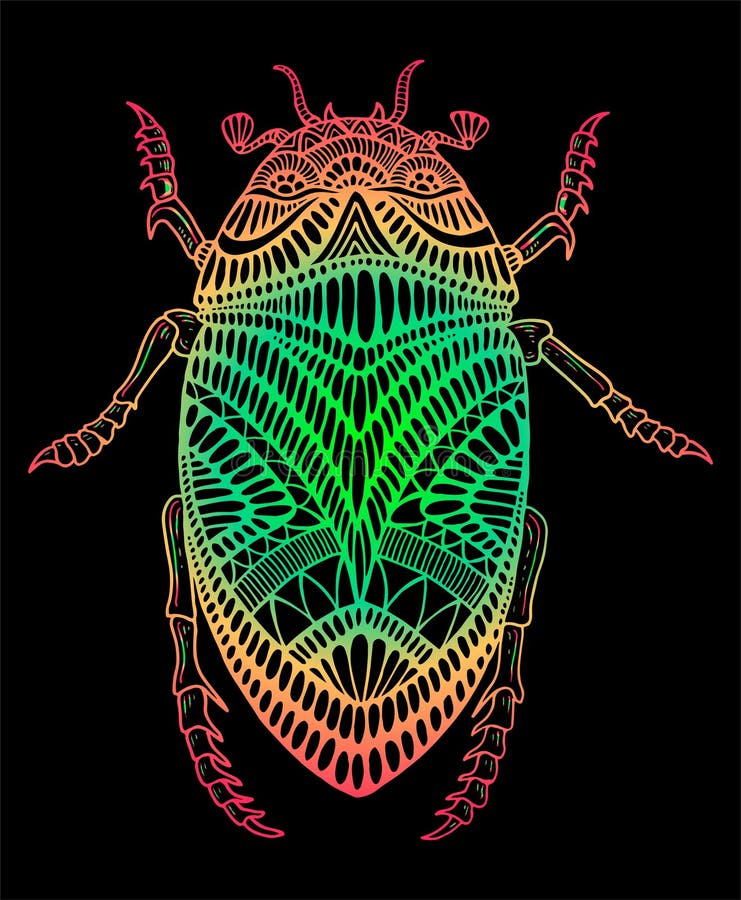 Surreal Psychedelic Beetle in Doodle Style Isolated on Black Background ...