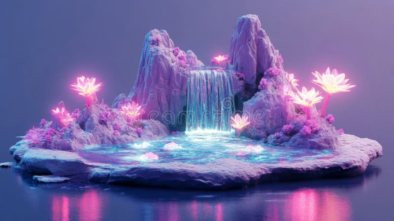 Surreal Purple Pink Digital Waterfall Landscape Stock Illustration ...