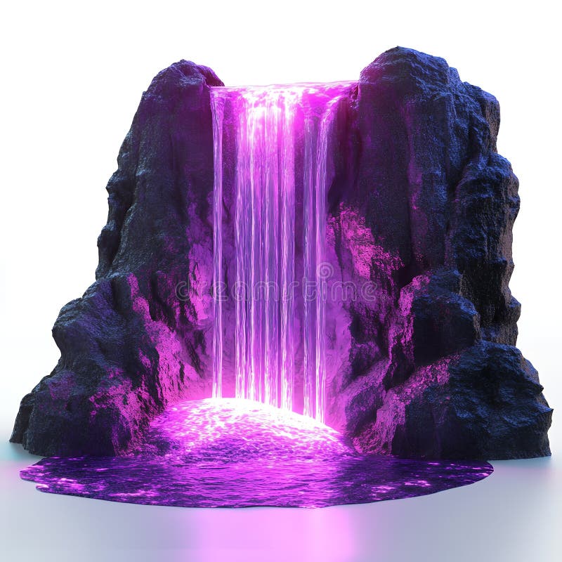 Surreal Purple Waterfall Cascading from Dark Rocks Isolated on White ...