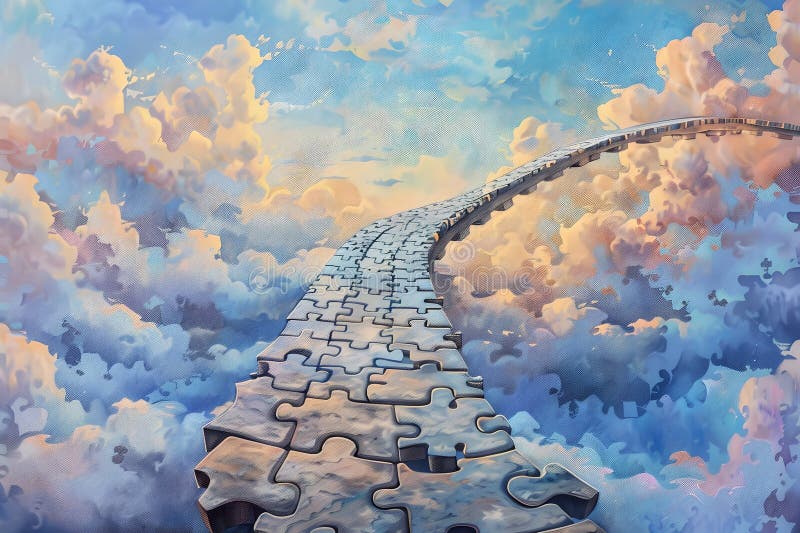 Surreal Puzzle Pathway among Fluffy Clouds Illustrates Journey of ...