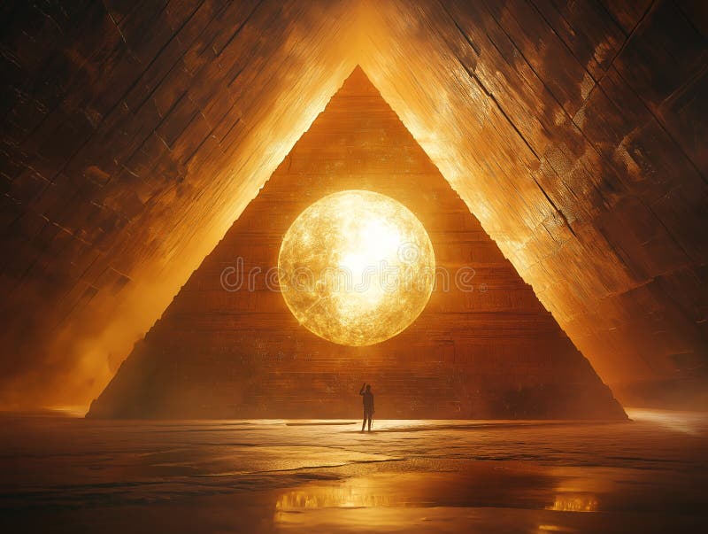 Surreal Pyramid with Glowing Sphere and Silhouetted Figure in Dramatic ...