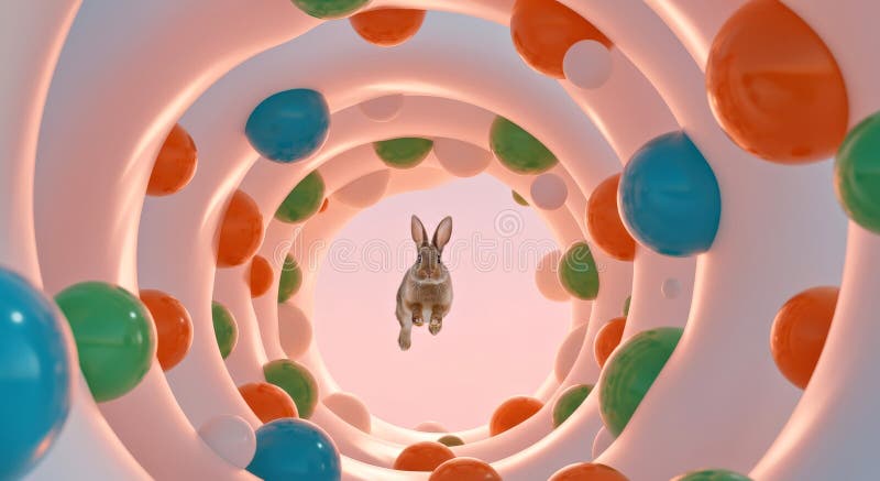 Surreal Rabbit in a Colorful Tunnel of Floating Balls. Easter Concept ...