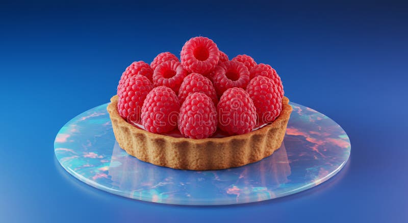 Surreal Raspberry Tart on Iridescent Plate Deep Blue Background Stock ...