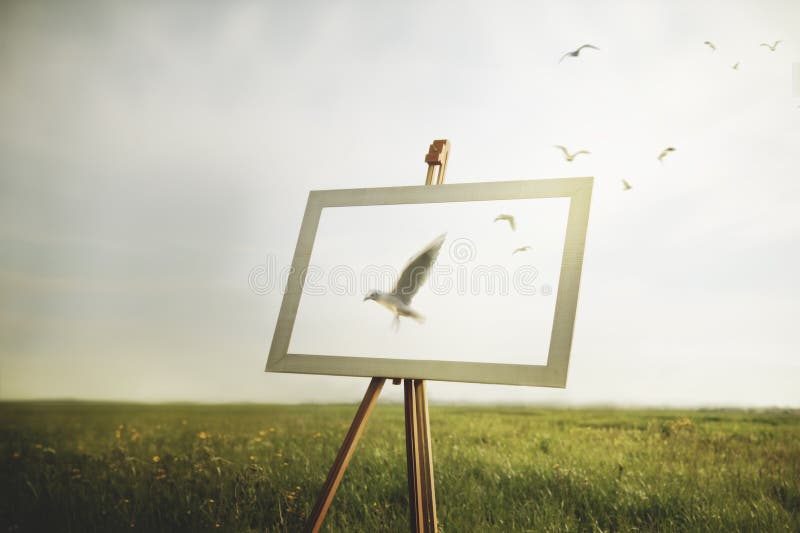 Surreal Real Painting of a Group of Birds Passing by a Frame in the ...