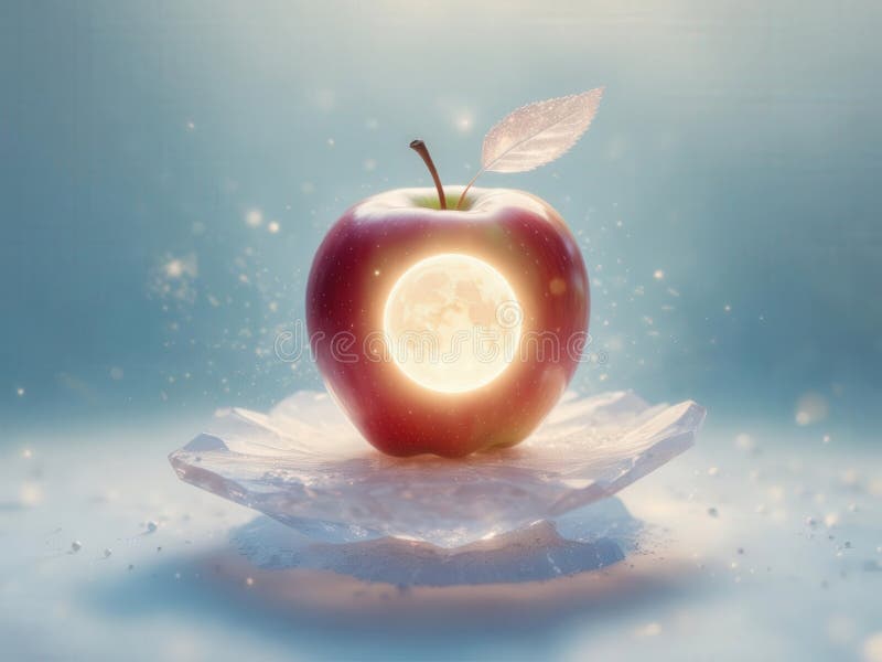 Surreal Red Apple with Glowing Moon Inside, Placed on a Translucent ...