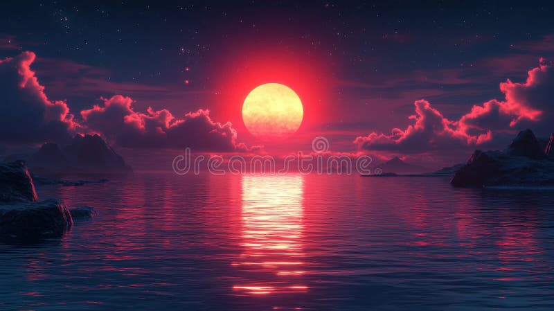 Surreal Red Moon Over Calm Ocean at Night Under a Starry Sky Stock ...