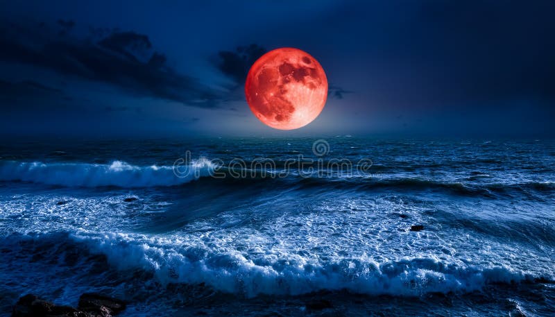 Surreal Red Moon Rising Over Dramatic Ocean Waves at Night with Deep ...