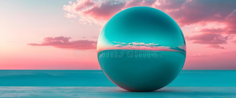 Surreal Reflective Sphere with Sunset Background, in Turquoise and Pink ... Surreal Reflective Sphere with Sunset Background, in Turquoise and Pink ...