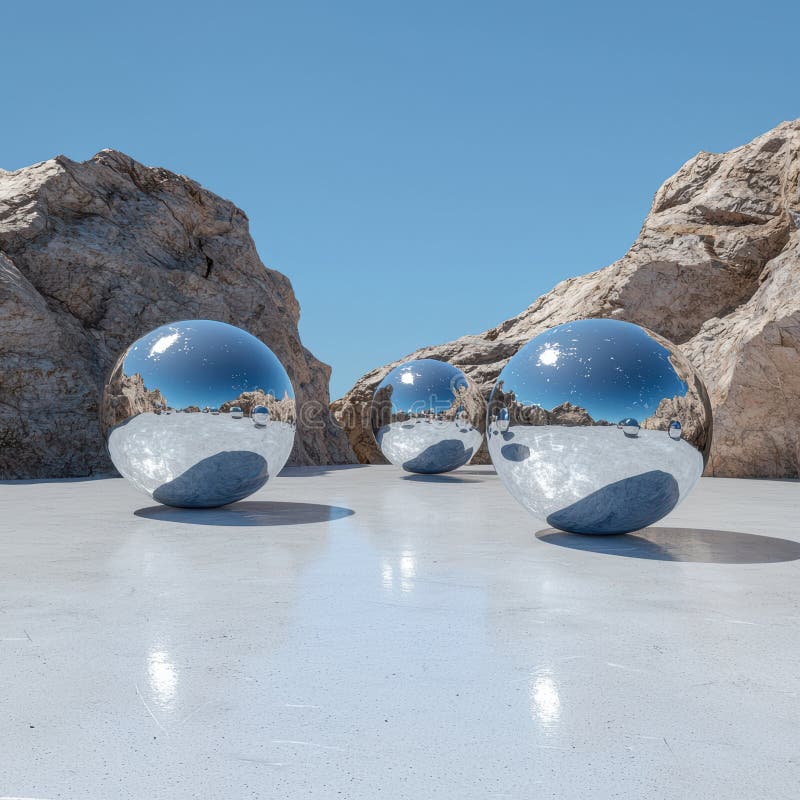 Surreal Reflective Spheres in Desert Landscape Stock Illustration ...