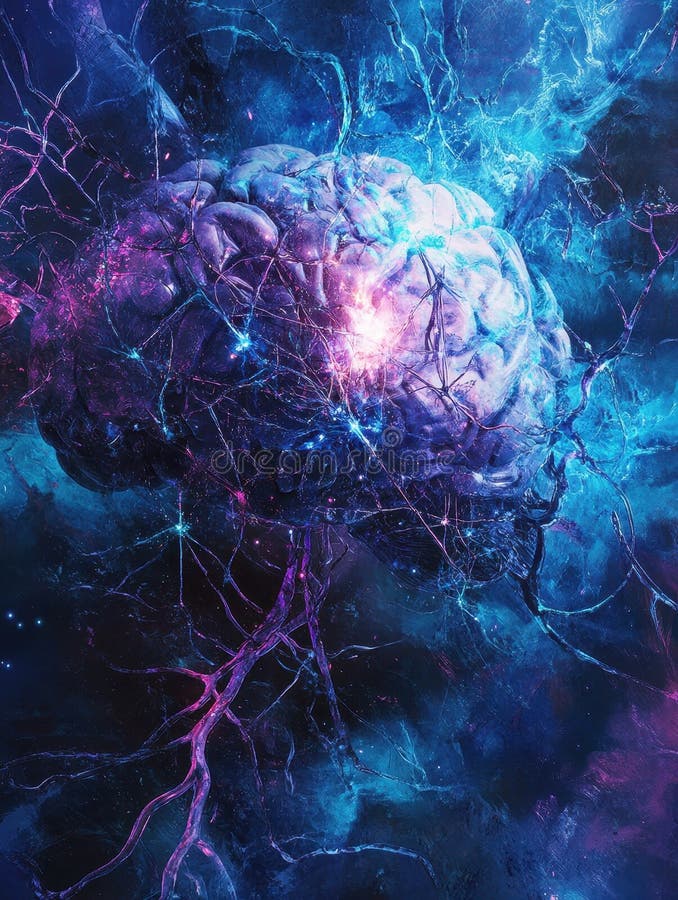 Surreal Representation of a Human Brain Surrounded by Cosmic Elements ...