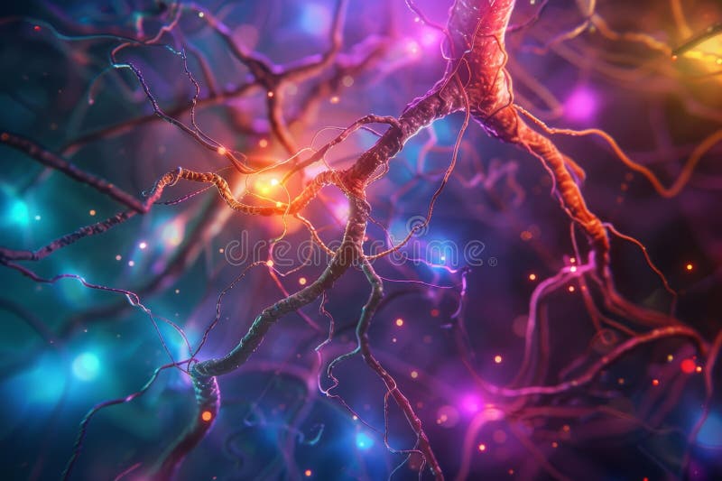 Surreal Representation of Neurons Resembling Tree Roots with Glowing ...