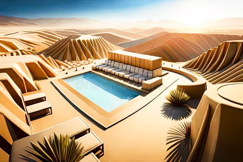 Surreal Resort with Water in the Pool on the Middle of Sandy Desert ...