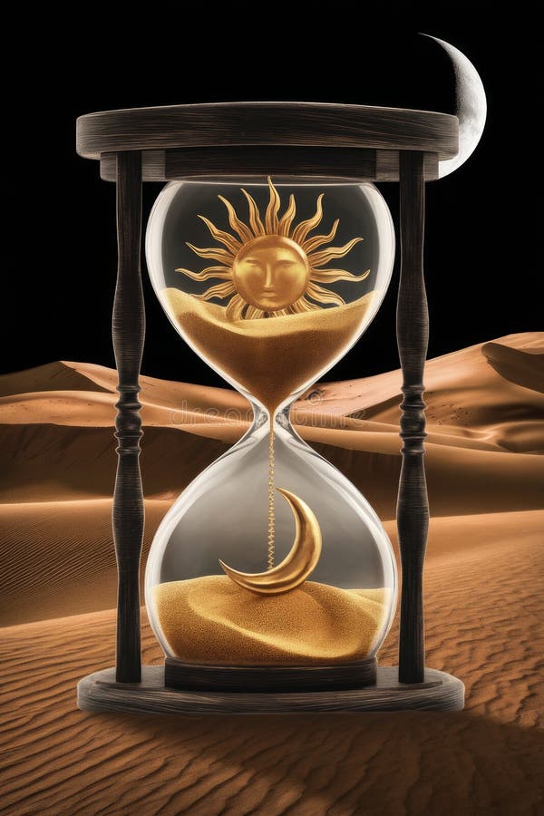 Surreal Sand Timer with Sun and Moon in a Desert Landscape Stock Image - Image of surreal ...