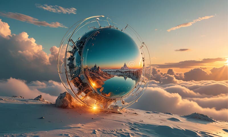 Surreal Scene Blue Sphere with Golden Rim, Surrounded by Clouds and ...