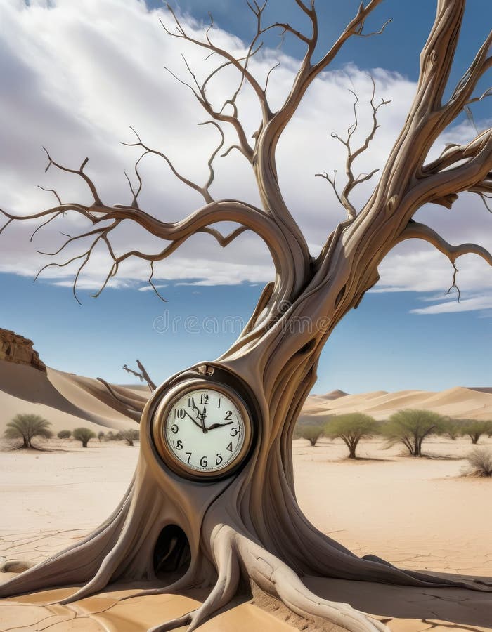 Surreal Clock Embedded in a Tree in a Desert Landscape Stock Photo ...