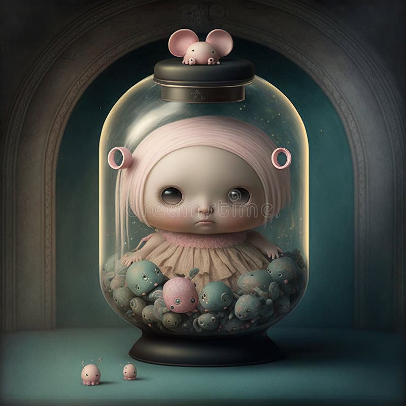 Surreal Doll in Jar with Tiny Mouse on Top Under Dim Lighting Stock ...