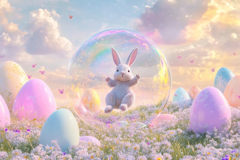A Surreal Scene of an Easter Bunny Floating in a Bubble, Surrounded by ...