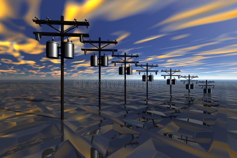Surreal Scene Electric Poles Unknown Techno Blue Planet 3d Rendering ...