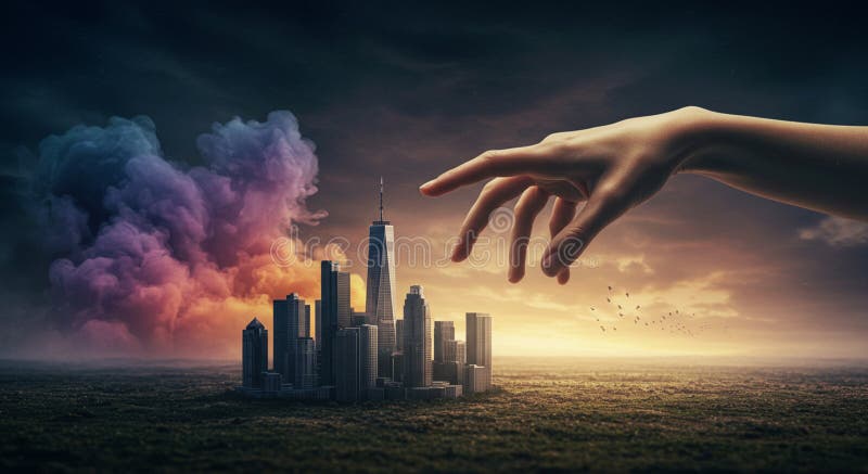 A Surreal Scene Features a Giant Hand Reaching Toward a Miniature ...