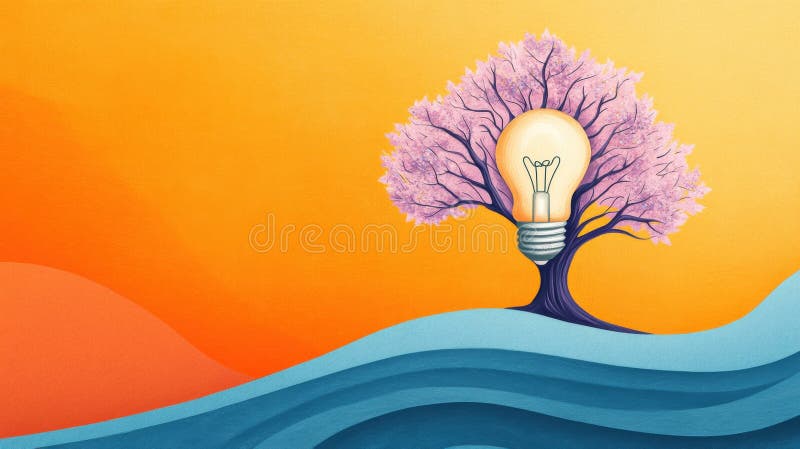 A Light Bulb Tree Blooms with Creativity Against a Vibrant Sunset ...