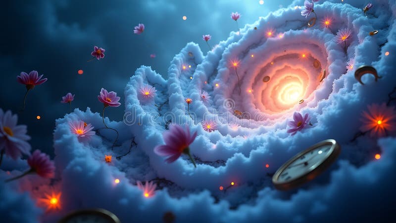 A Dreamy Scene of a Cloud Vortex with Flowers and Clocks Floating in a ...