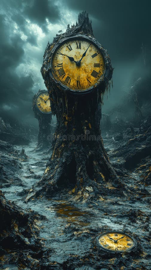 Surreal Landscape with Large Decaying Clocks in Eerie Environment Stock ...