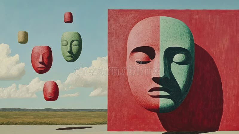 Surreal Scene Featuring Floating Faces and a Large Divided Head Against ...