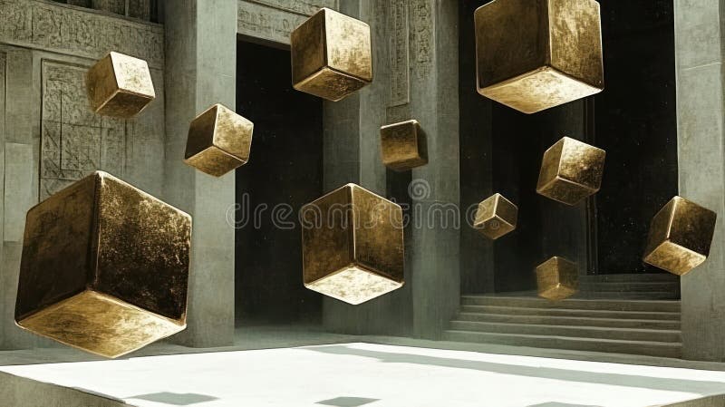 A Surreal Scene Featuring Floating Golden Cubes in a Grand ...