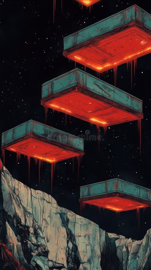 A Surreal Scene Featuring Floating Platforms with Glowing Edges Against ...