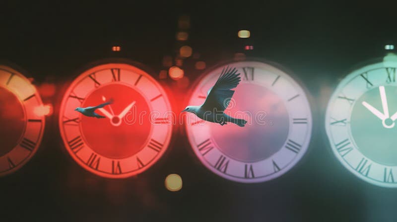 A Surreal Scene Featuring Flying Birds and Colorful Clocks, Symbolizing ...
