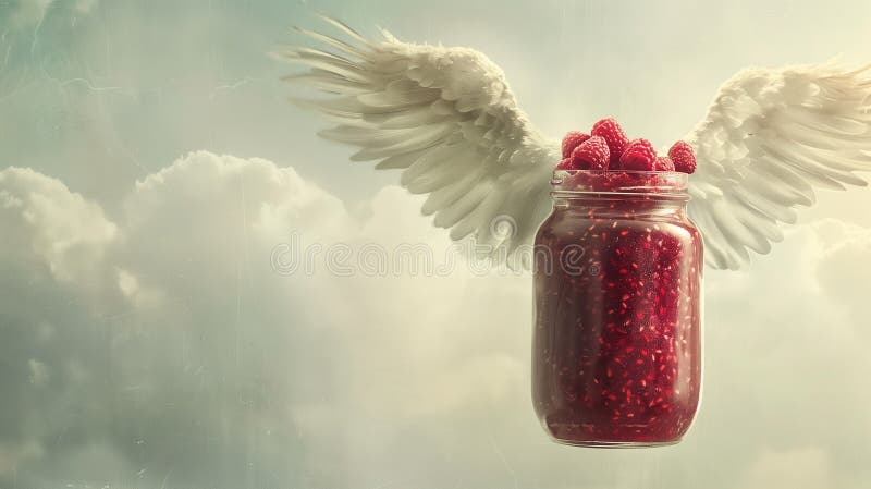 A Surreal Scene Featuring a Jar of Raspberry Jam with Wings, Flying ...