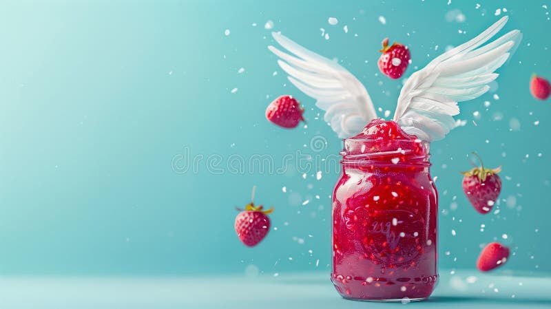 A Surreal Scene Featuring a Jar of Raspberry Jam with Wings, Flying ...
