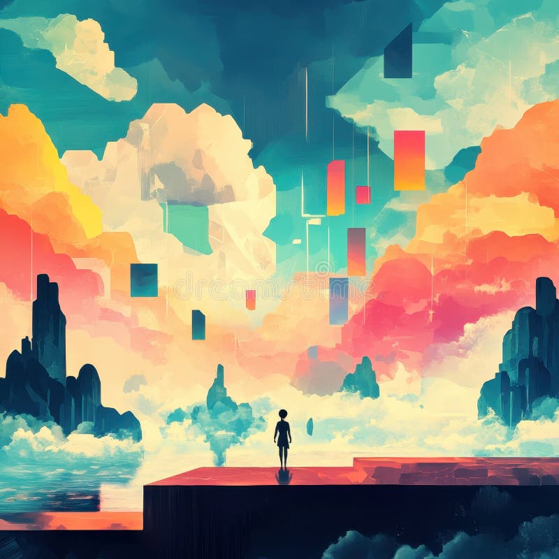 Surreal Landscape with Person and Floating Rectangles Stock Image ...